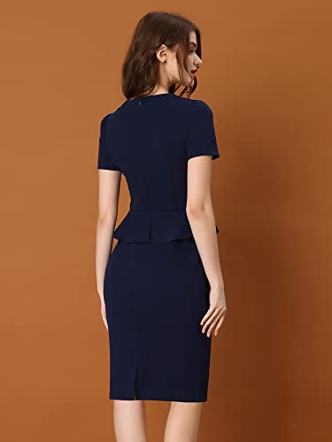 Allegra K Women's Peplum Sweetheart Neck Short Sleeve Wear to Work Office Sheath Dress Small Navy Blue