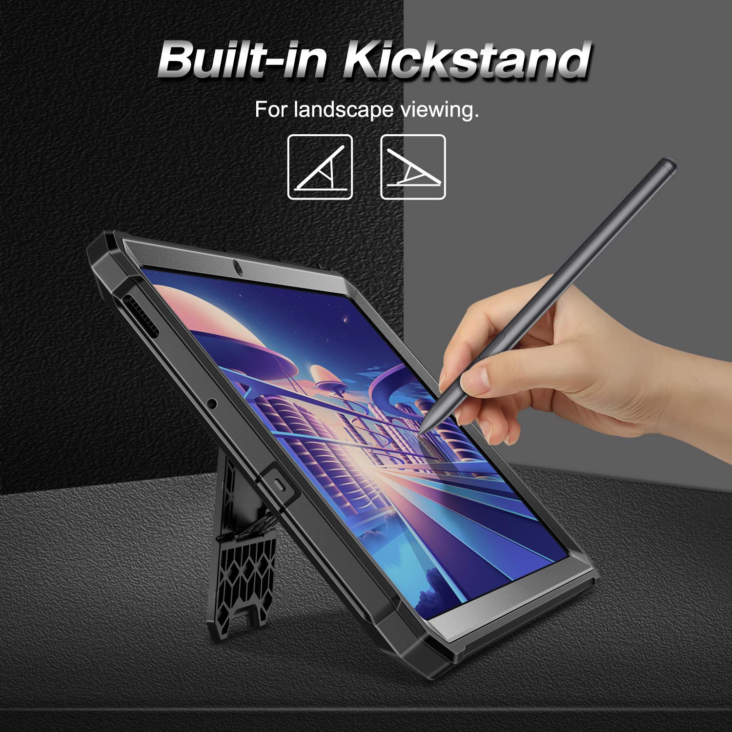 Fintie Shockproof Case for Samsung Galaxy Tab S6 Lite 10.4 Inch 2024/2022/2020, Tuatara Rugged Unibody Hybrid Bumper Kickstand Cover with Built-in Screen Protector, Black