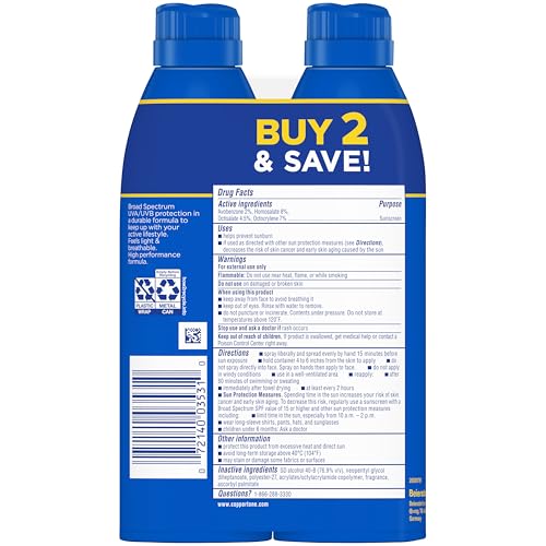 Coppertone Sport Sunscreen Spray SPF 30, Water Resistant Spray Sunscreen, Broad Spectrum SPF 30 Sunscreen, Bulk Sunscreen Pack, 5.5 Oz Bottle, Pack of 2