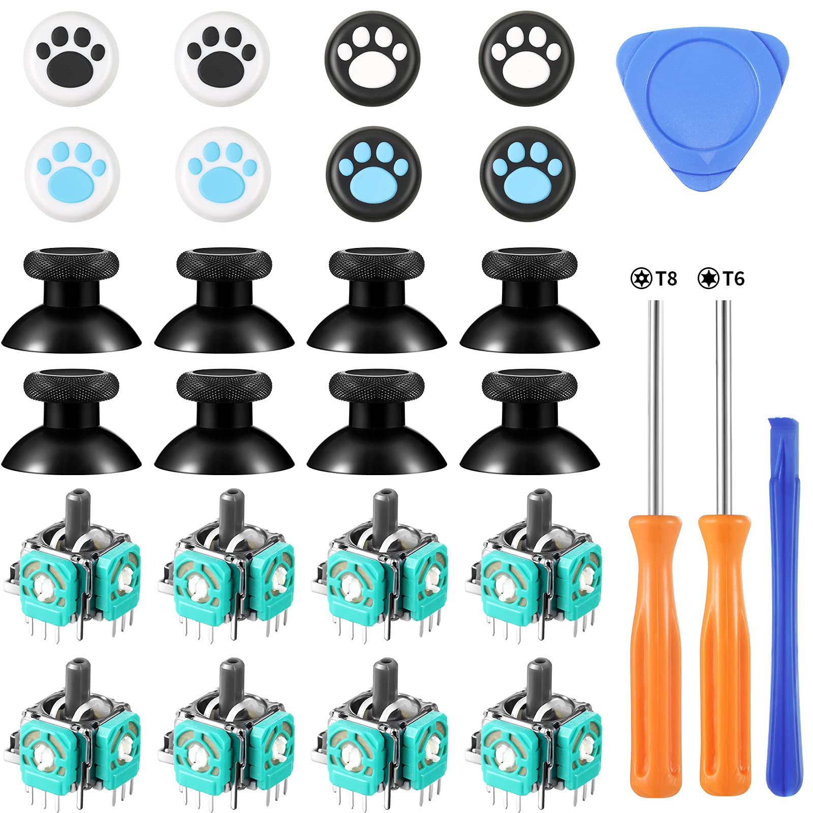 28 Piece Joystick Thumb Sleeve Silicone Cap Repair Kit with T6 T8 Screwdriver, 8 Pieces 3D Analog Joystick, 8 Pieces Thumb Caps, 8 Pieces Cat Claw Handle Buttons Compatible with Xbox One Controller