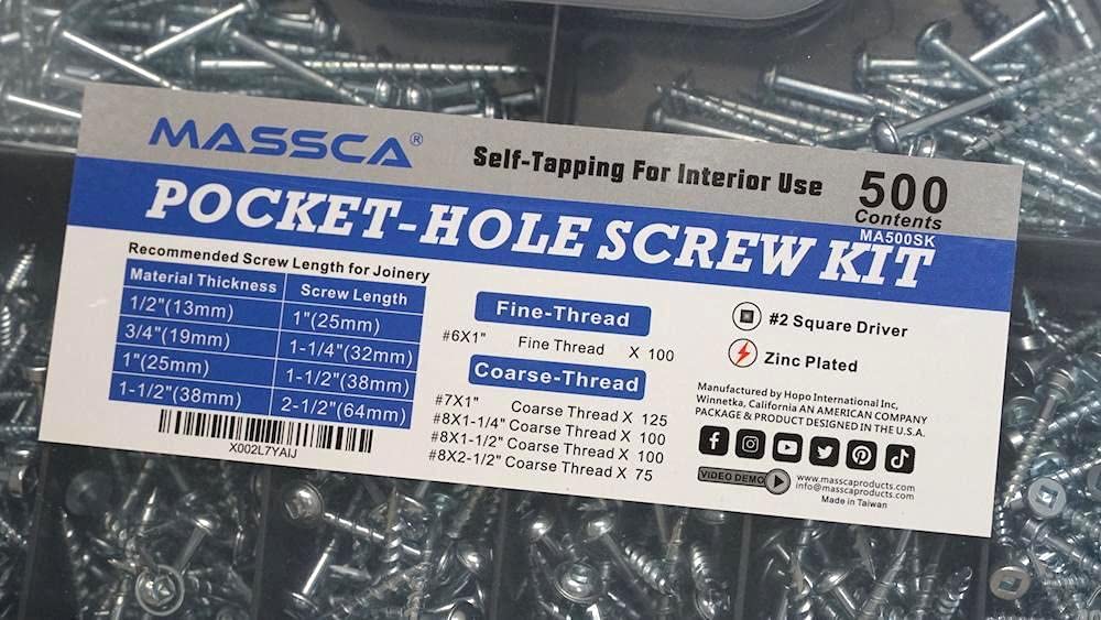 Massca Wood Screws Assortment Kit - Pocket Hole Screws with Plastic Storage Box, 500 Set Screw Assortment Kit Heavy Duty, Fine Thread, Zinc Plated Set Screws for Woodworking, Varying Lengths