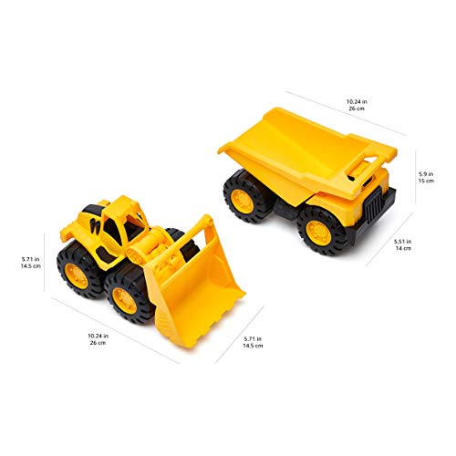 Amazon Basics Toy Construction Vehicle Set, Dump Truck and Bulldozer, Indoor/Outdoor, 10-Inch, Pack of 2, Yellow, 10.25" x 12" x 5.75"