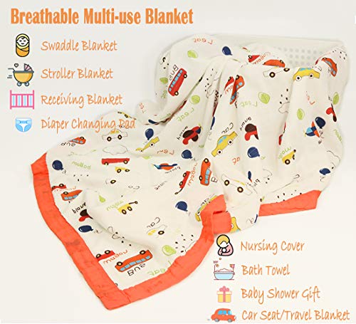 Coral Red Muslin Baby Blanket, Ultra Soft Hypoallergenic Baby Quilts, Unisex Baby Swaddle Wrap, Oversized 43 X 45 inchs (Car Bus)