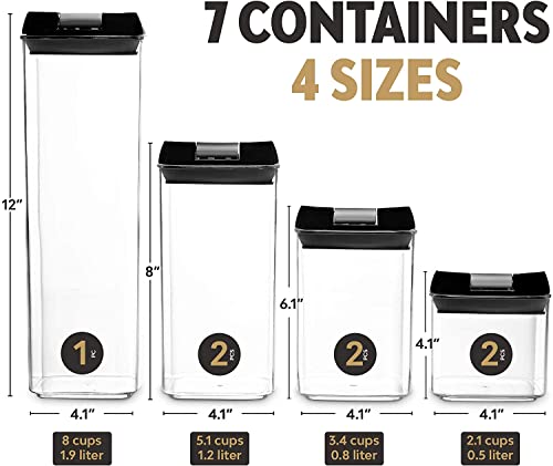 Airtight Food Container - 7 PC BPA Free Plastic Food Storage Containers with Easy Lock Lids - Stackable Sugar, Flour, Cereal & Beans Containers with Labels & Marker included (Lid Black)