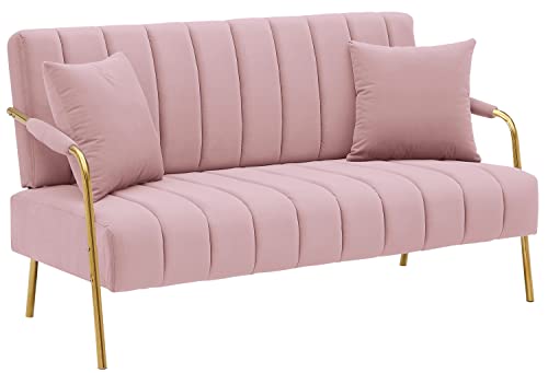 60" Contemporary Loveseat Sofa with 2 Pillows Modern Upholstered Twin Size Small Loveseat Couch Accent Sofa for Small Spaces Cashmere Sofa Couch with Golden Metal Legs for Bedroom Living Room (Pink)