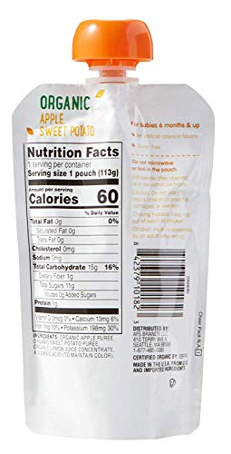 Amazon Brand - Mama Bear Organic Vegetarian Baby Food Pouch, Apple, Sweet Potato, 4 ounce (Pack of 1)