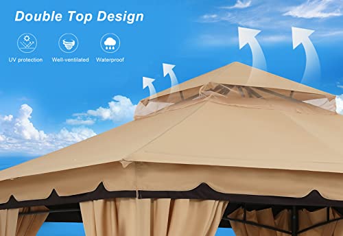 ABCCANOPY 10'x12' Outdoor Gazebo, Double Roof Patio Gazebo with Shade Curtains, Beige