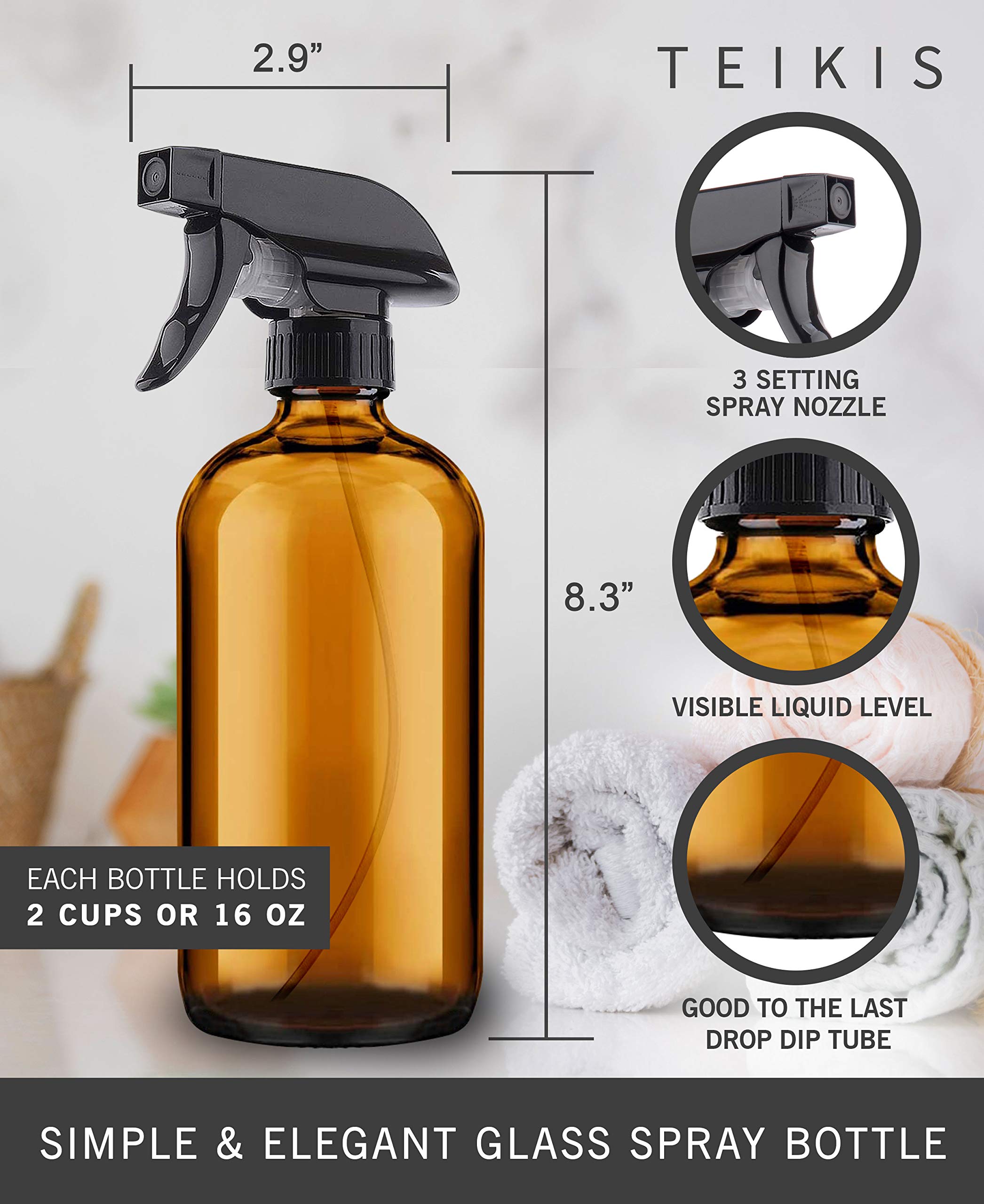 2 Pack Clear Glass Spray Bottles For Cleaning Solutions & Essential Oils - 16oz Empty Refillable Heavy Duty Container Bottle for Aromatherapy, Kitchen, Cooking, Hair & Perfumes - Mist & Stream Sprayer