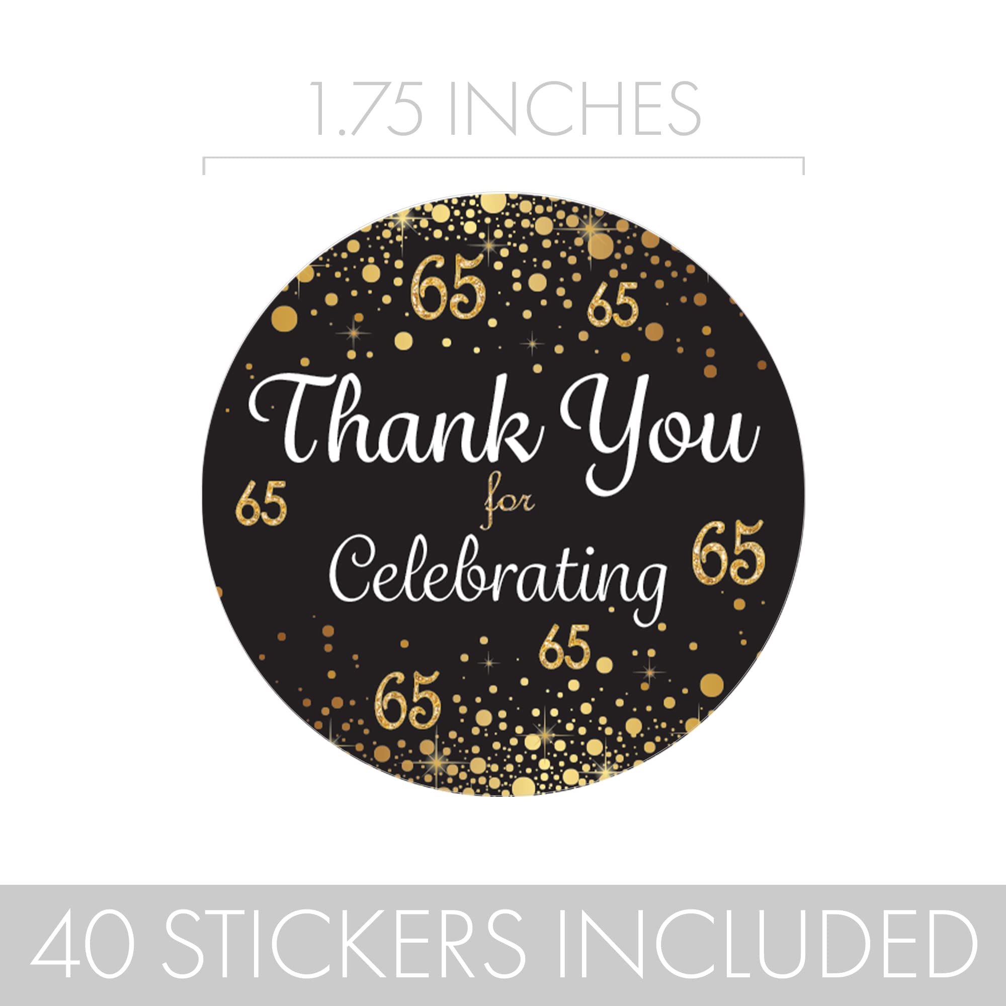 Black and Gold 65th Birthday Thank You Stickers - 1.75 in - 40 Labels