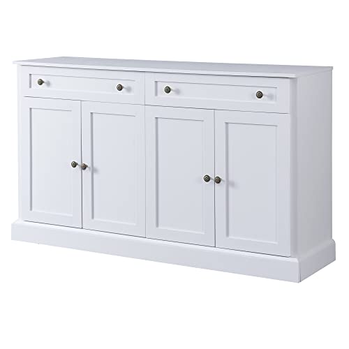 60β Large Storage Cabinet Buffet Sideboard with 2 Drawers & 4 Doors, Wood Console Table Entryway Cupboard with Adjustable Shelves, Kitchen Dining Room Living Room Furniture Organizer (White-4)