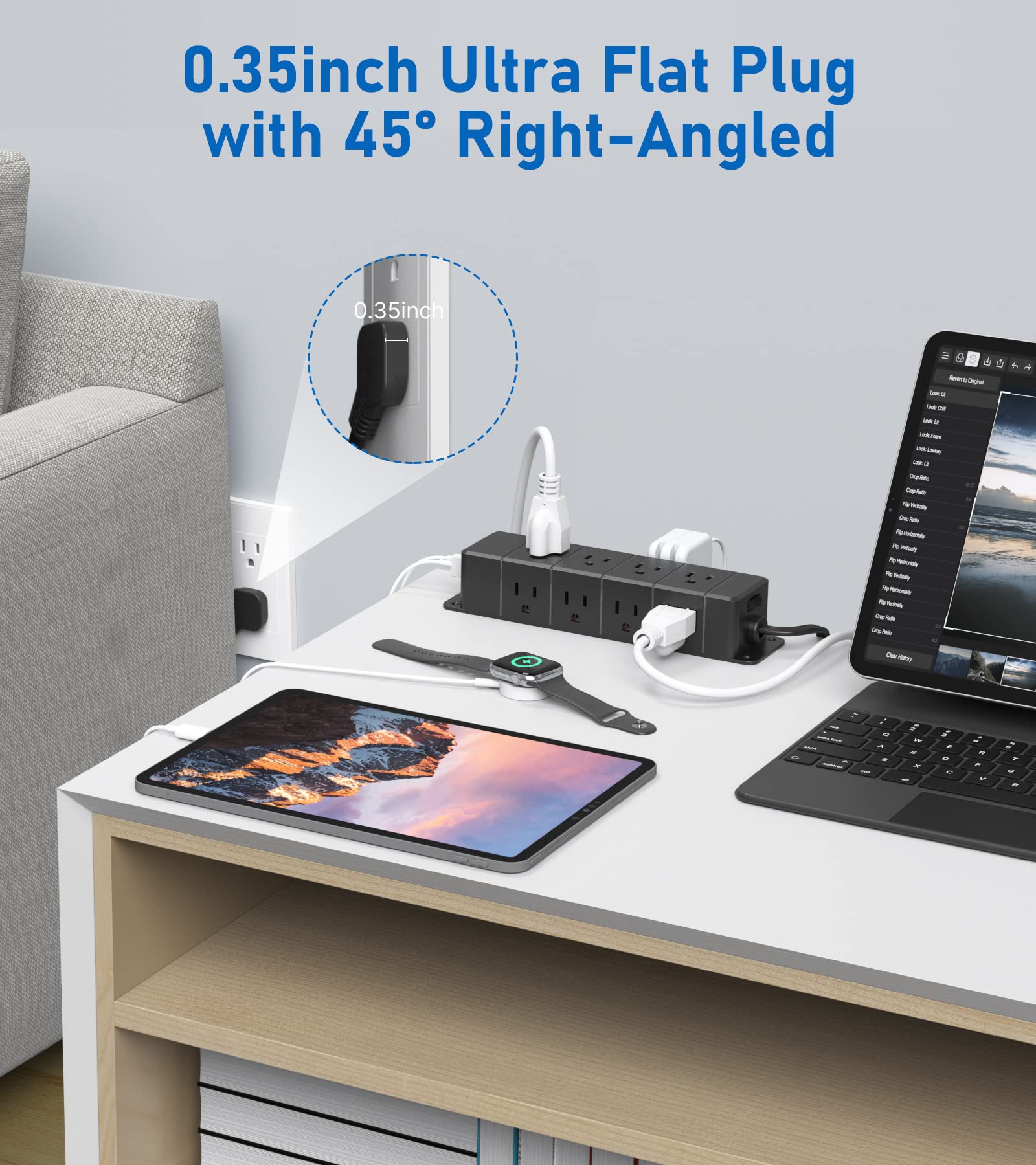 30W USB C Power Strip Surge Protector,Ultra Thin Flat Plug Power Strip 4 Side 12 Outlets,1 PD Fast Charing,2 USB-C, 2 USB-A(4 USB Total 40W),6ft Slim Extension Cord,16 in 1 Desk Power Bar,1200J Black