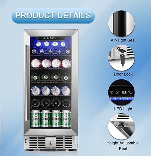 Antarctic Star 15 Inch Beverage Refrigerator Cooler - 2.9 Cu.Ft Wine or Champagne Cooler Low Noise Transparent Glass Door LED Light for Home and Bar 115V 60Hz Electronic Temperature Control