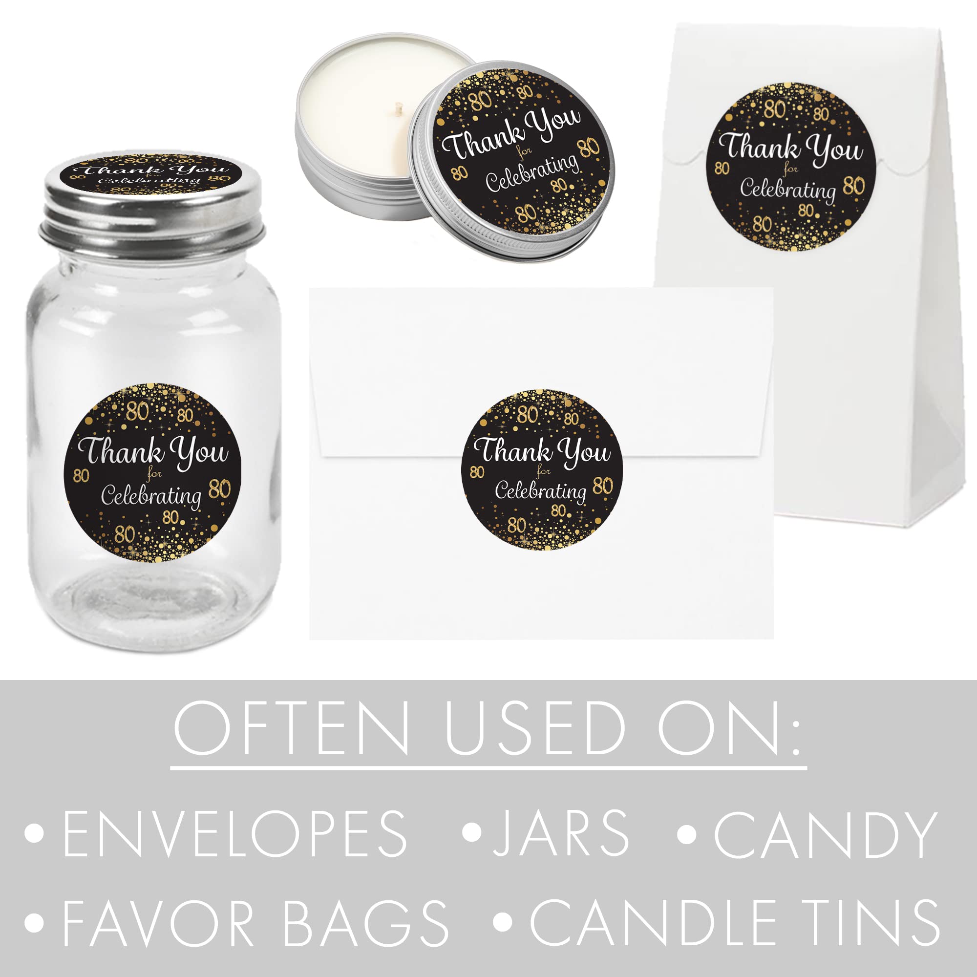 Black and Gold 80th Birthday Party Thank You Stickers - 1.75 in - 40 Labels