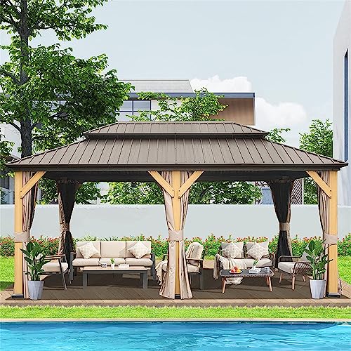 Jaxenor Outdoor Cedar Wood Frame Canopy - 12'x20' Hardtop Gazebo with Galvanized Steel Double Roof - Permanent Metal Pavilion for Patio, Backyard, and Lawn - Includes Curtains and Netting - Brown