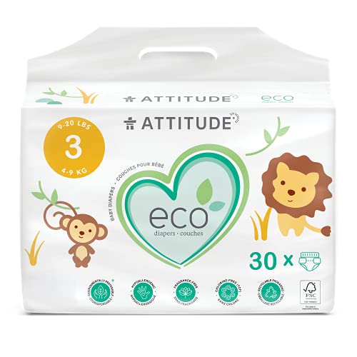 ATTITUDE Diapers, Safe for Sensitive Skin, Chlorine-Free, Leak-Free & Biodegradable Baby Diapers, Fragrance-Free, Size 3 (9-20 lbs), 120 Count (4 Packs of 30)