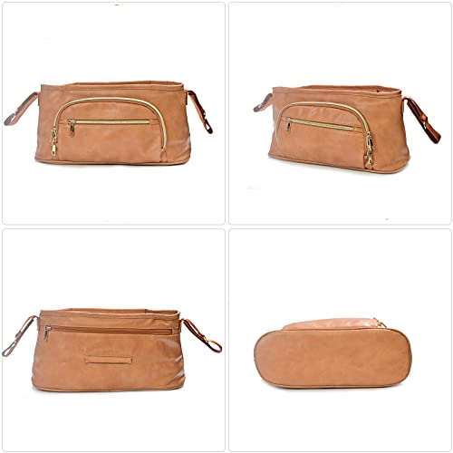 KZNI Leather Baby Stroller Organizer with Insulated Cup Holders,Diaper Storage Secure Straps Pockets for Phone Compact Design Fit All Strollers(brown)