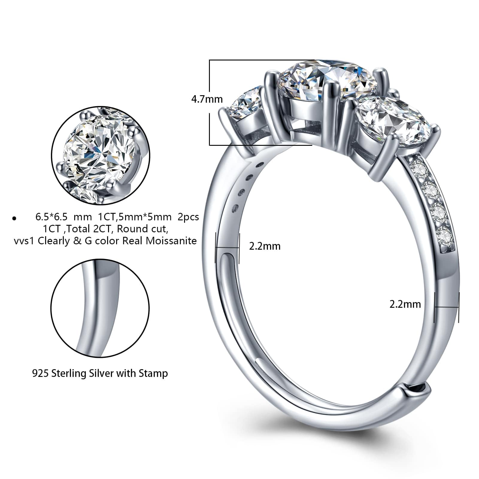 Atylyk 2 Carat 3 Stones Moissanite Adjustable Engagement Ring Wedding Promise Gold-plating 925 Sterling Silver Rings for Women