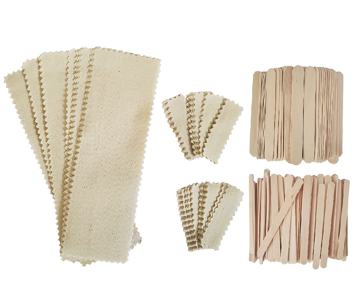 Spa Slender Unbleached Cotton Muslin Hair Removal Wax Strips Multi Size Combo Kit – 100 Large and 100 Petite Muslin Waxing Strips, 200 Wooden Wax Applicator Sticks for Full-Body Hair Removal