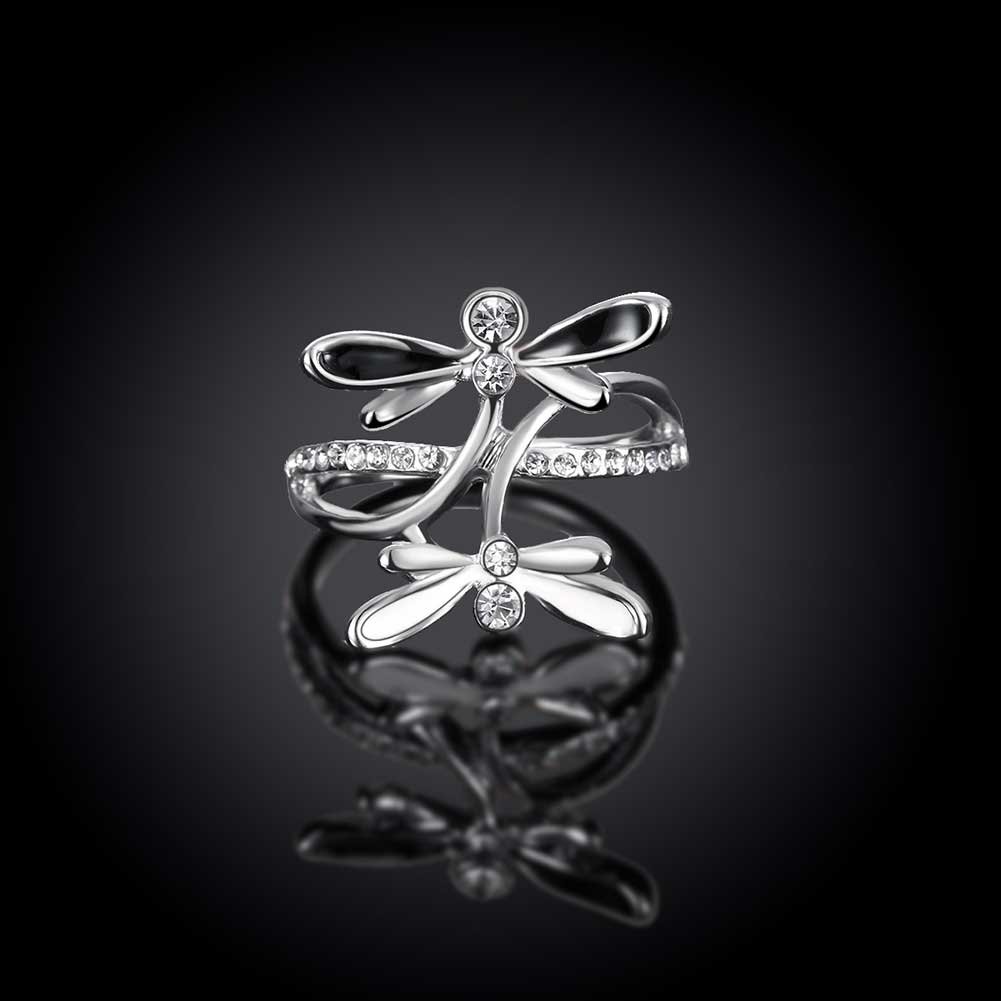 18K Rose Gold Platinum Plated Ring Black AAA Zirconia Women Dragonfly B164 (Platinum Plated, 7)