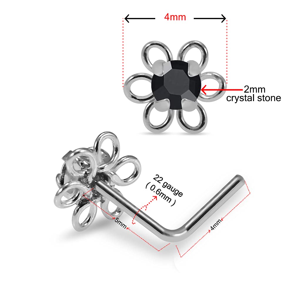 20 Pieces Box Set of Mix Colored Jeweled Filigree Flower Top 22 Gauge 925 Sterling Silver L Shape Nose Stud