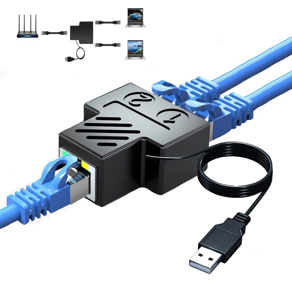 RJ45 Network Splitter Adapter,Wuedozue 1 to 2 Dual Female USB to RJ45 Port with USB Power Cable LAN Interface Ethernet Socket Connector 8P8C Extender Plug Go Online Simultaneously for Cat6, Cat7