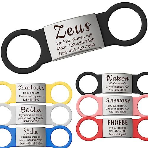 Anavia Slide On Silent Pet ID Tags, S/M/L/XL Personalized Multi-Color Silicone Band Cat Dog Name Tags, Customized Engraved Stainless Steel, Chew-Proof Quiet Dog Collar Tags (Small, Black)