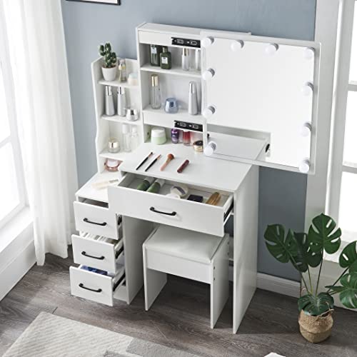 Abesthink Makeup Vanity with Ligjhts Mirror and Charging Station,White Vanity Makeup Desk with Lights and Storage Drawers,Lighted Vanity Set Dressing Table with Stool for Girls