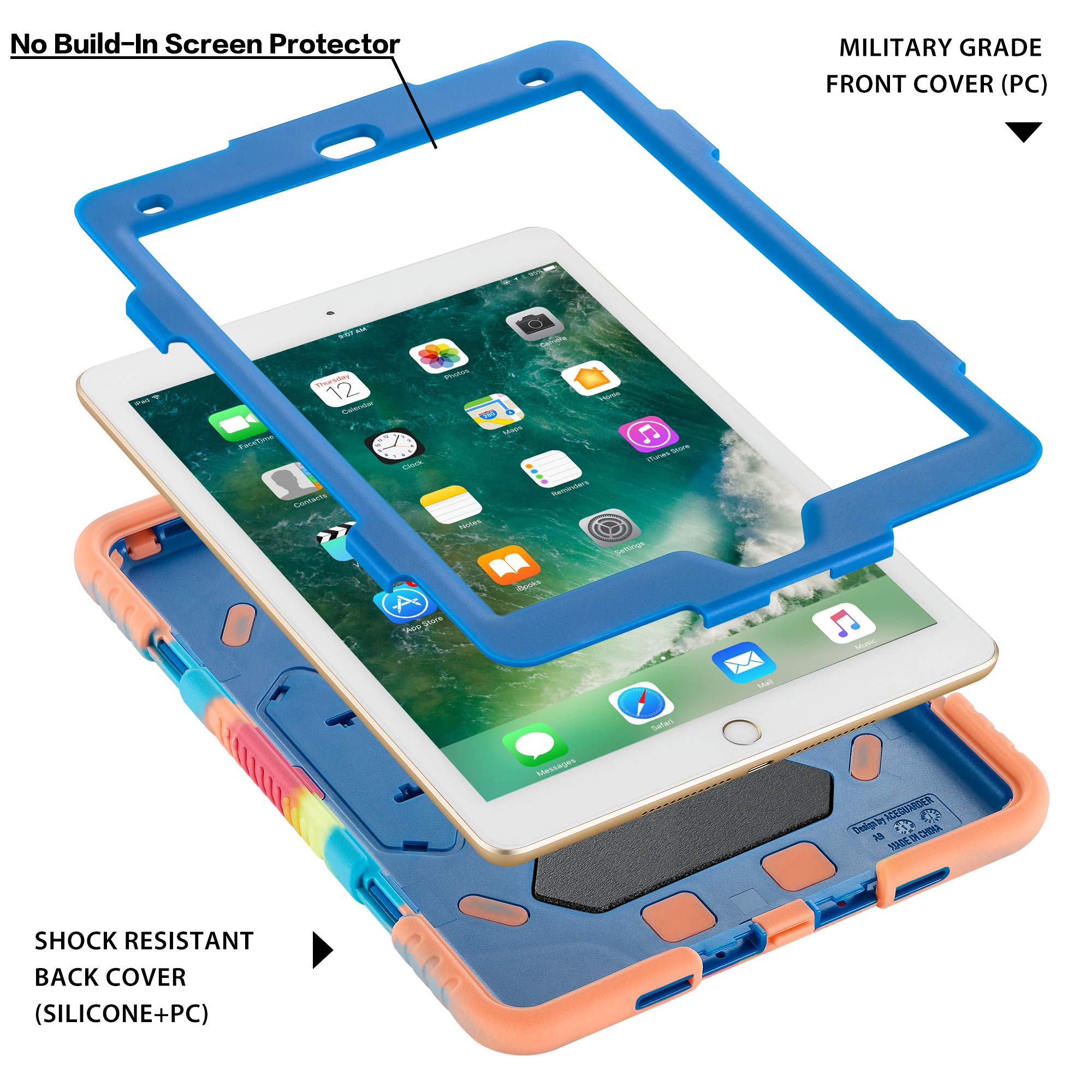Case 9.7 inch for 2017 iPad 5th Generation Case /2018 iPad 6th Generation Case/ 2016 iPad Pro Case/iPad Air 2 Case, Heavy Duty Shockproof Silicone Protect Case - Ice/Blue