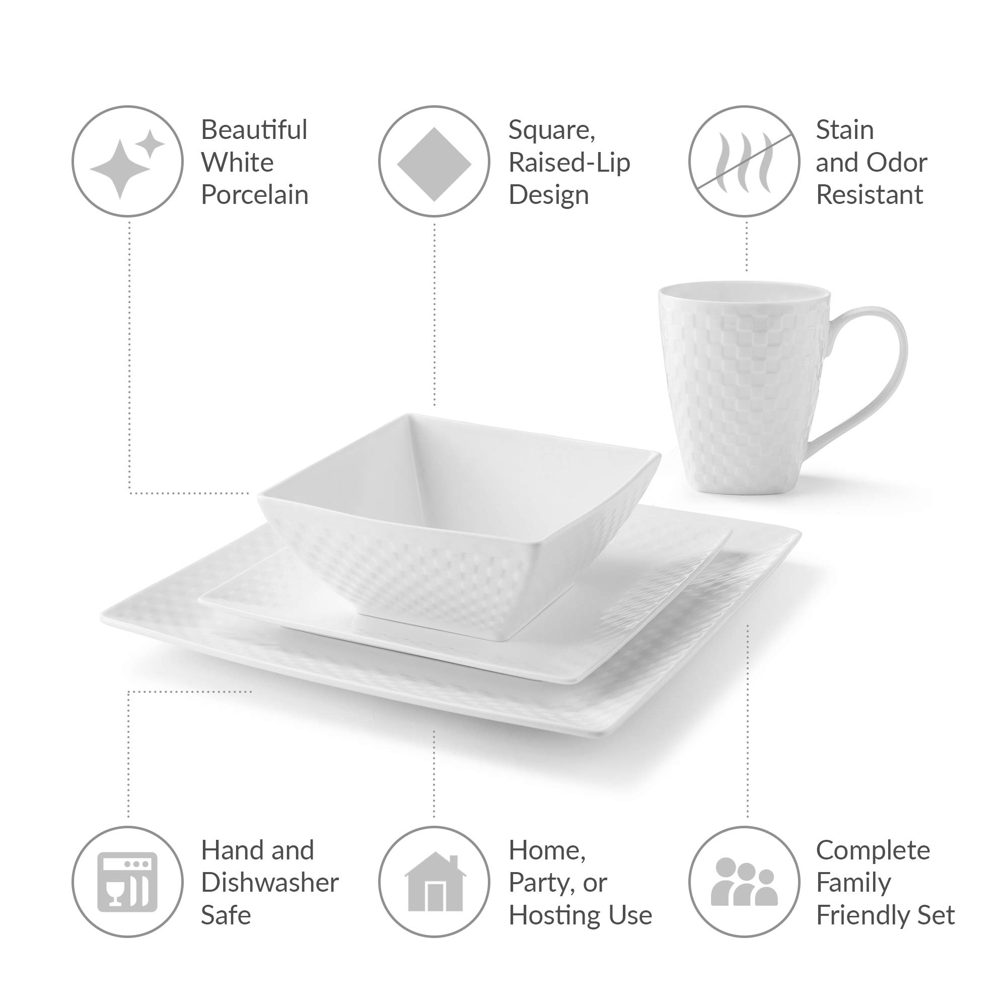 32 Pc. Square Basketweave Porcelain Dishes Set β White Dinner Plates, Bowls, Coffee Cups
