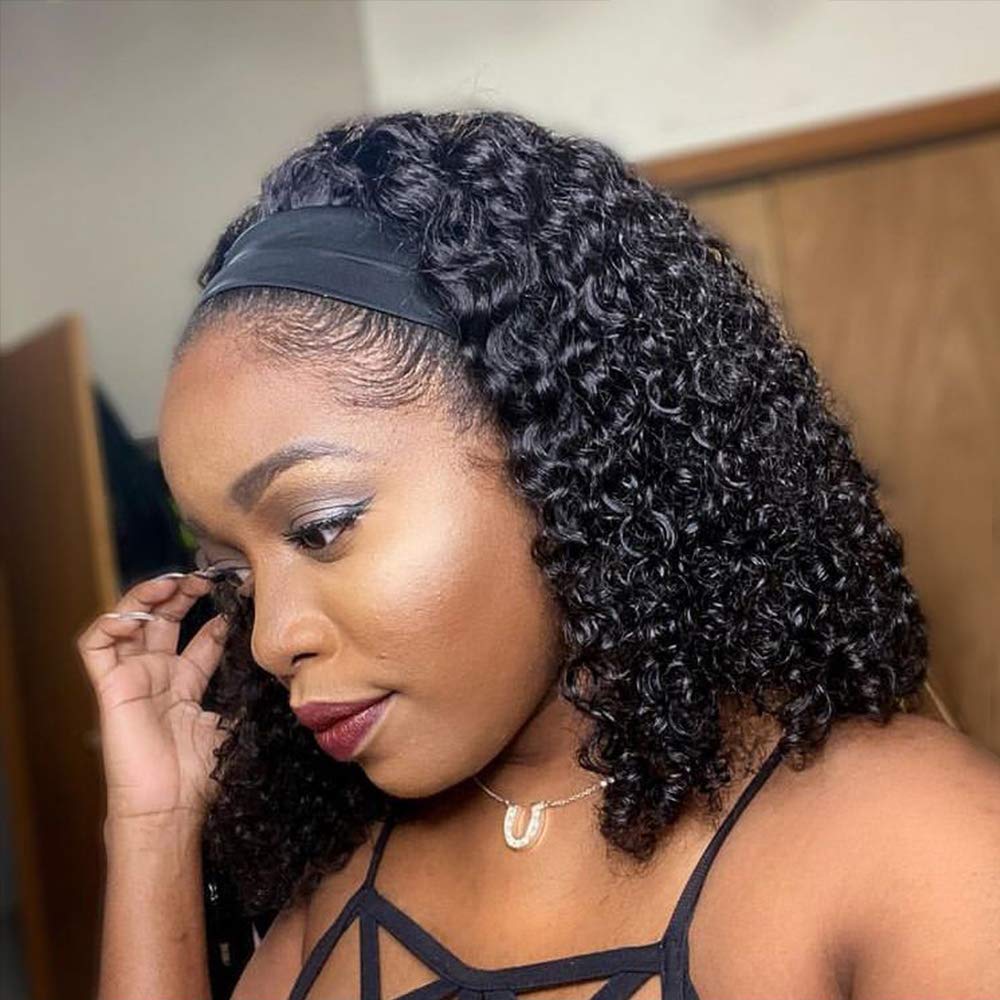 Glueless HeadBand Wig Curly Human Hair Wig None Lace Front Wigs for Black Women Deep Wave Machine Made Wigs Natural Color 180% Density (12inch)