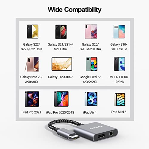 ANDAPA USB C to 3.5mm Headphone and Charger Adapter, 2-in-1 Type C to Aux Audio Jack Hi-Res DAC and PD Fast Charging Dongle Cable Compatible with Galaxy S22 S21 S20 S20+ Note 20,Pixel 6/5XL,ipad pro
