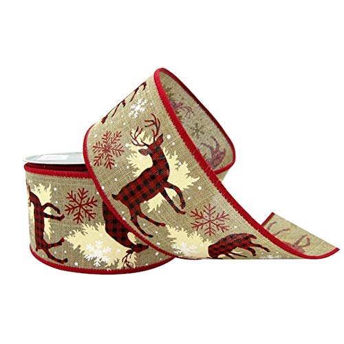 2.5" Faux Linen Wired Plaid Deer Ribbon by Celebrate It Christmas