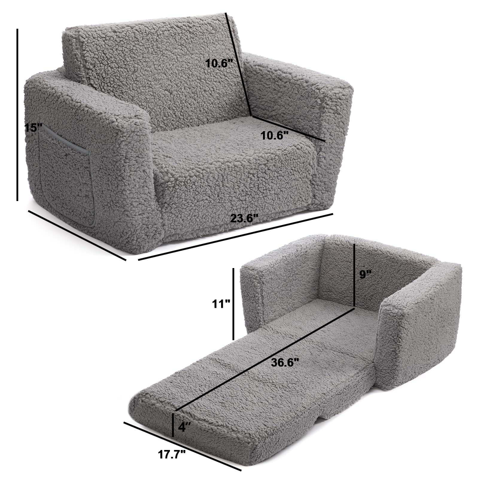 ALIMORDEN 2-in-1 Flip Out Cuddly Sherpa Toddler Couch, Convertible Sofa to Lounger, Grey