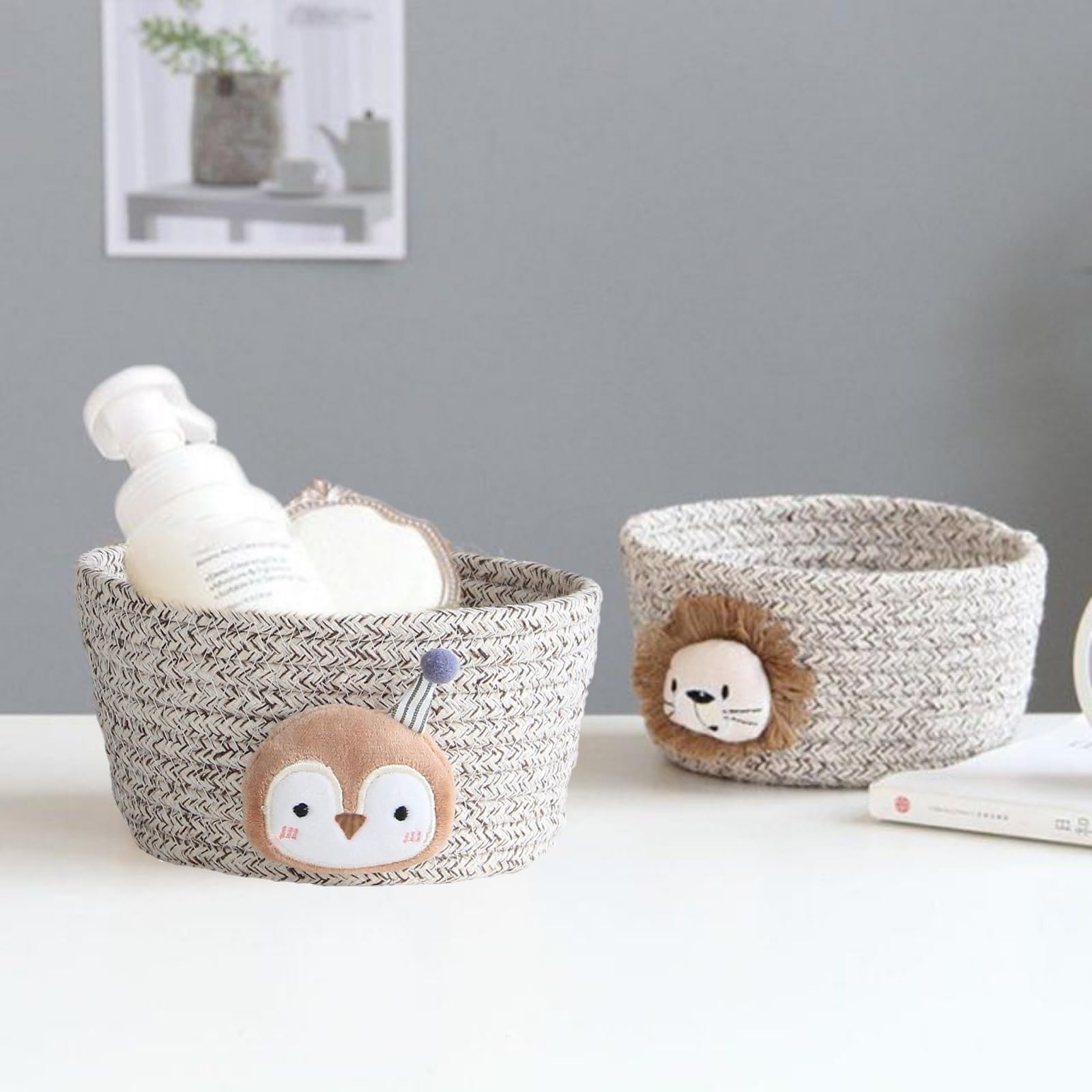 2 Pcs Small Woven Basket Mini Cotton Rope Storage Basket Rabbit Lion Toy Basket Cute Mini Tiny Storage Baskets for Nursery Room Bedroom Living Room Organizing