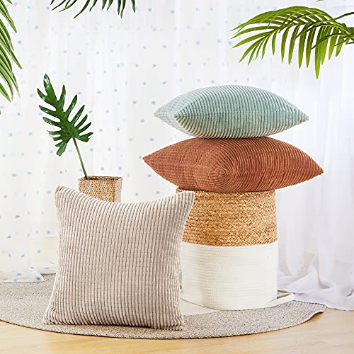 Deconovo Throw Pillow Covers Corduroy 18x18 Inch Cream Stripe Pattern Square Soft Cushion Covers for Couch Bedroom Sofa Living Room Bed Chair Solid Pack of 2