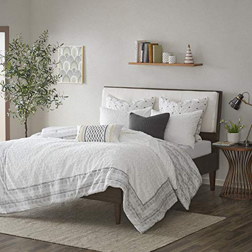 INK+IVY Comforter, Cotton Clipped Jacquard Season Down Alternative Cozy Bedding with Matching Shams, Full/Queen(88"x92"), Mill Valley, Gray Reversible to White Aztec Print 3 Piece