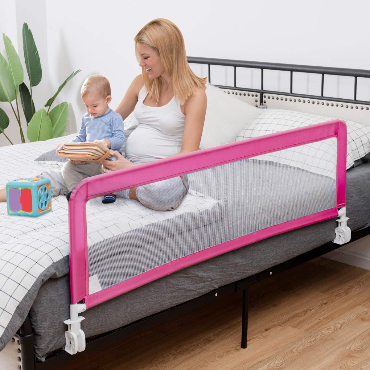 Costzon Bed Rail for Toddlers, 2 PCS Extra Long Swing Down Safety Bed Guards w/Straps for Convertible Crib, Kids Twin, Double, Full Size, Queen & King Bed, Folding Bed Rails for Baby (59-Inch, Pink)