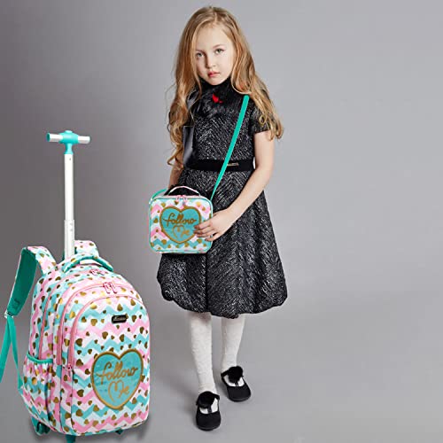 Egchescebo Girls Rolling Backpacks with Wheels 3PCS Heart Backpack Set for School Wheeled Luggage Suitcase Lunch Box Pencil Case Large Capacity Bookbag Adjustable Trolley for Elementary Travel Pink