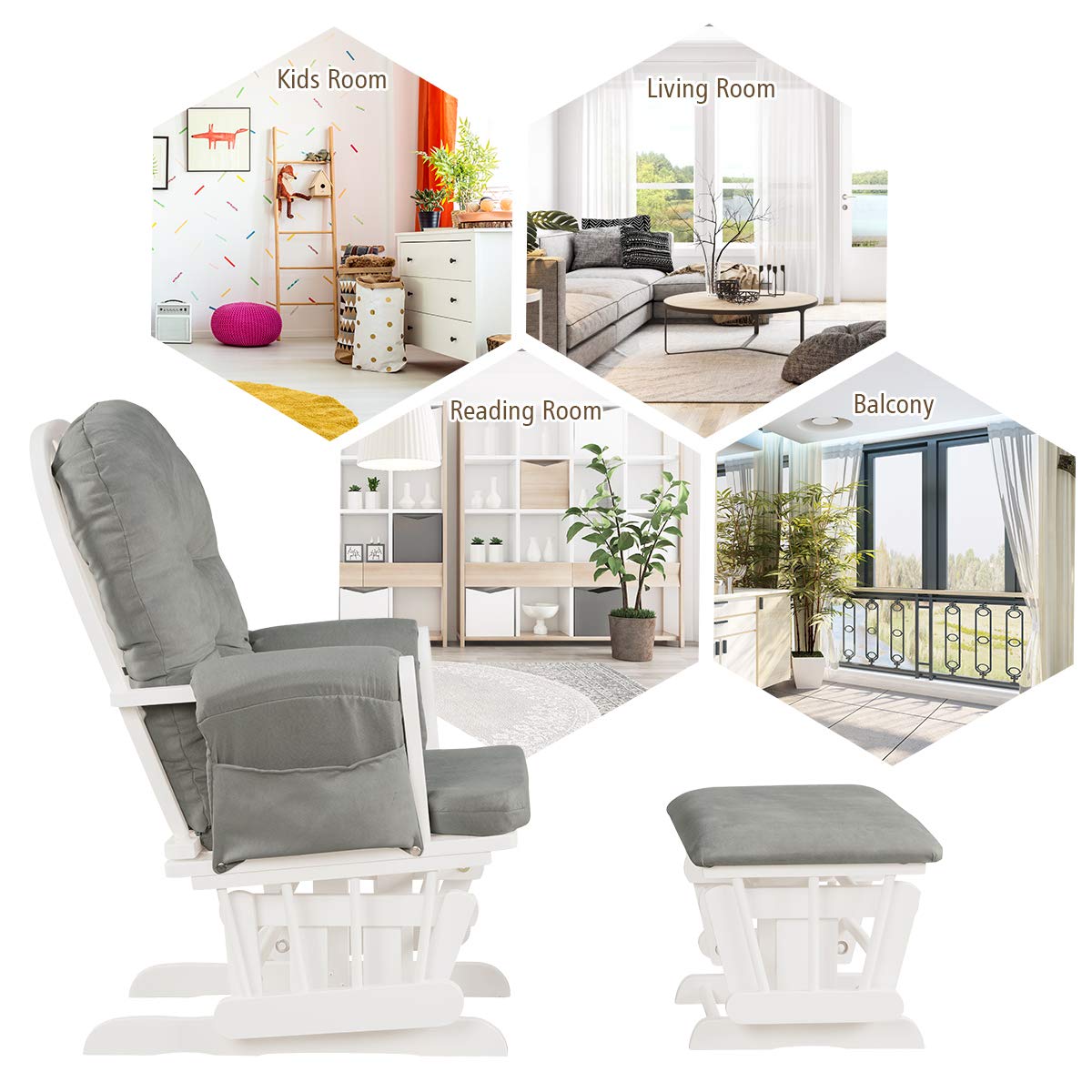 Costzon Nursery Glider with Ottoman, Upholstered Comfort Glider Rocker with Padded Cushion, Storage Pocket, Solid Wood Base, Rocking Chair Nursery for Breastfeeding, Maternity, Napping (Light Gray)