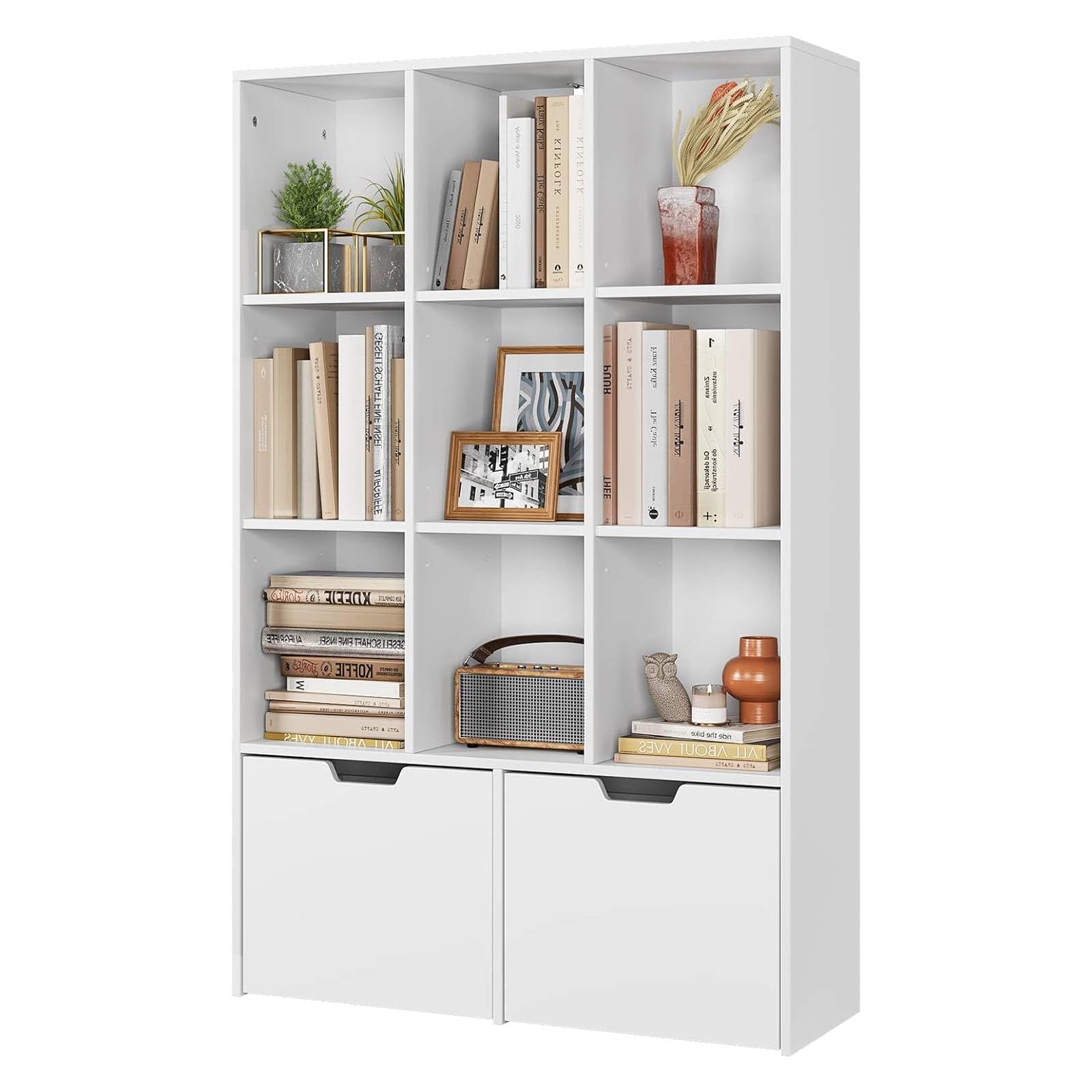 2024 New White Kids Bookshelf, Wooden Bookshelf Organizer With 9 Cubicles & 2 Spacious Drawers - Versatile Standing Storage Unit for Kids Room, Nursery, Home Office, Living Area & Study Space