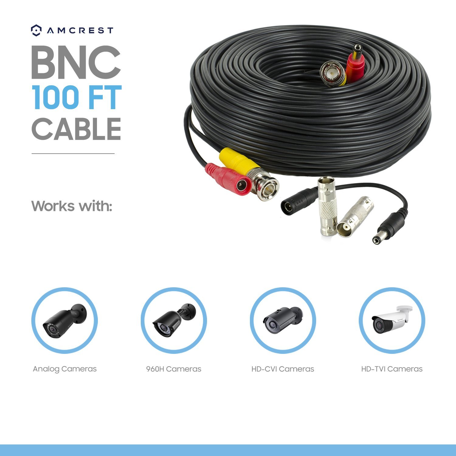 Amcrest 100 Feet Pre-Made All-in-One Siamese BNC Video and Power CCTV Security Camera Cable with Two Female Connectors for 960H & HD-CVI Camera and DVR (SCABLEHD100B)