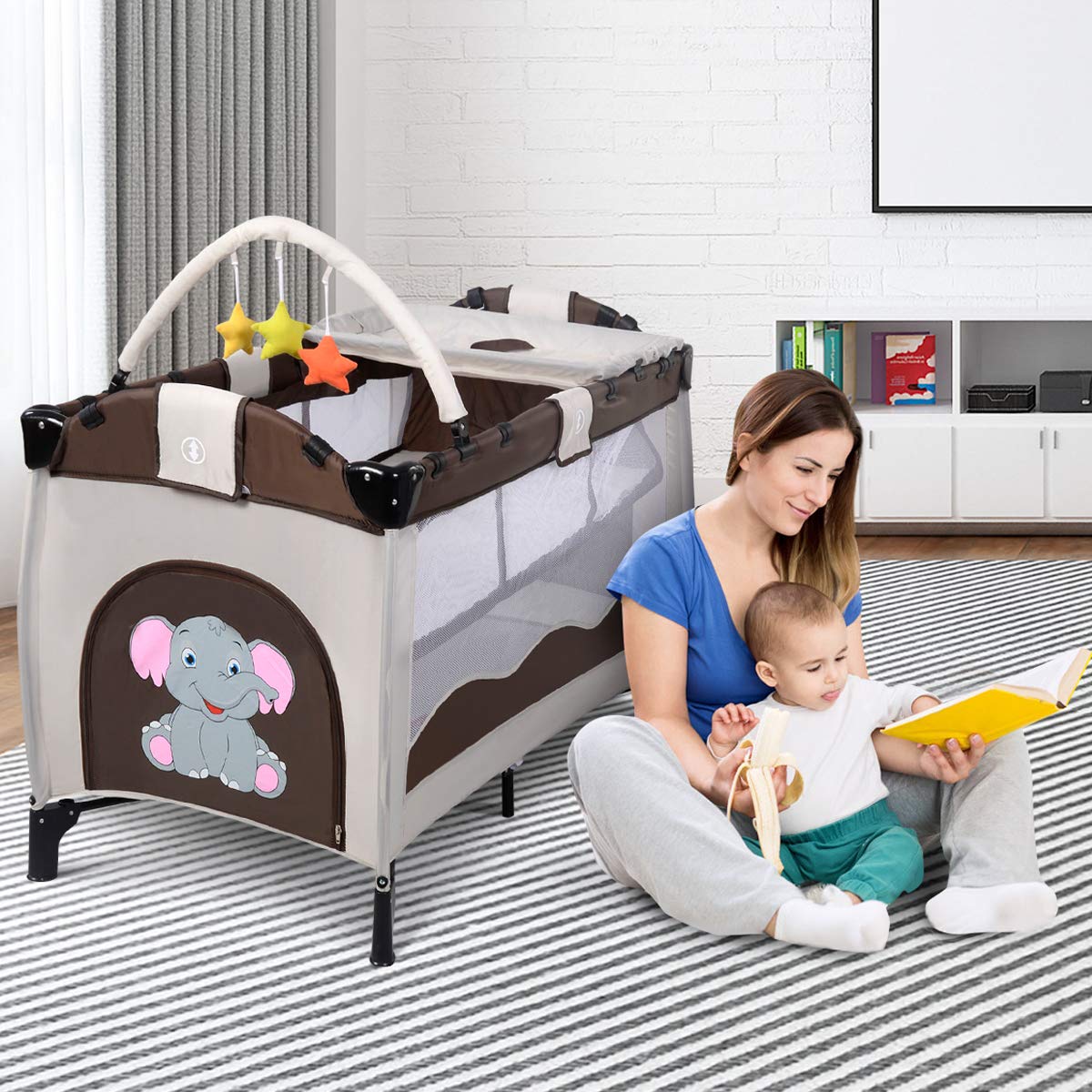 BABY JOY 3 in 1 Pack and Play, Portable Playard with Hanging Toys, 2 Lockable Wheels Diaper Changing Table, Foldable Travel Bassinet Bed (Coffee)