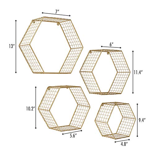 kimisty Set of 4 Gold Hexagon Wall Shelves, Floating Honeycomb Wire Wall Mounted Shelf, Geometric Octagon Mesh Shelves, Boho Deep Gold Metal Shelving