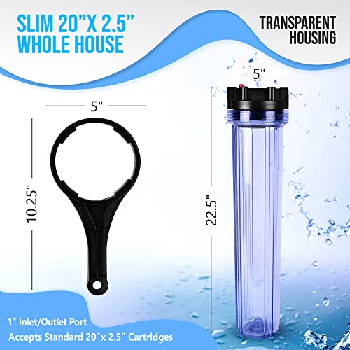 20 x 2.5-Inches Transparent Slim Whole House Water Filter Purifier System with Presser Relief Button, 1β Inlet/Outlet Port & Yearly Supply (3) Coconut Shell Activated Block Carbon Cartridges 5 Micron