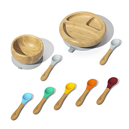 Avanchy Bamboo Divided Baby Plate, Bowl & Assorted Spoons Set - Suction Plates and Bowls for Toddlers - 9 Months and Older (Gray)