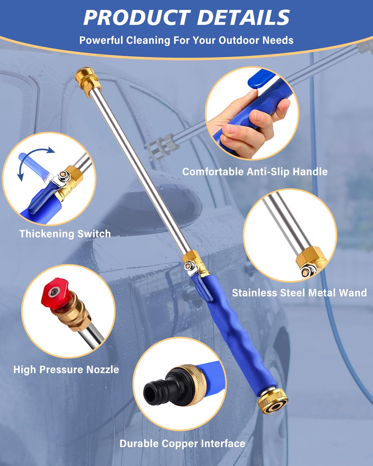2024 Upgraded Jet Nozzle Power Washer for Garden Hose, 2-In-1 High Pressure Wand with 2 Different Nozzles and Quick Connectors,High Pressure Washer Tools For Patio Car Pet Window Washing (blue)