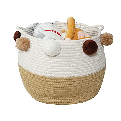 Cotton Rope Woven Round Baskets, Baby Shower Basket with Pom, Shelf Storage Basket, Baby Diaper Caddy Nursery Nappies Organizer, Blanket Laundry Basket Hamper Bin for Living Room