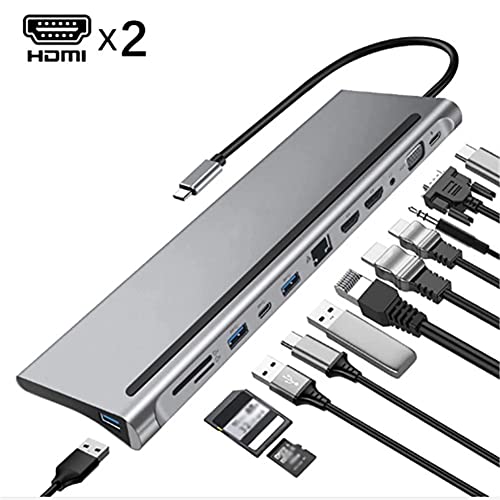 GPPZM 12 in 1 USB C Hub Laptop Docking Station Type-C to Dual HDMI-Compatible/VGA/USB 3.0 Hub/PD/RJ/Micro-SD/TF Card Dock Adapter