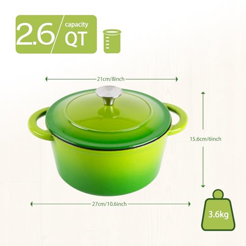 2.6 QT Enameled Dutch Oven Pot with Lid, Cast Iron Dutch Oven with Dual Handles for Bread Baking, Cooking, Non-stick Enamel Coated Cookware (Apple Green)