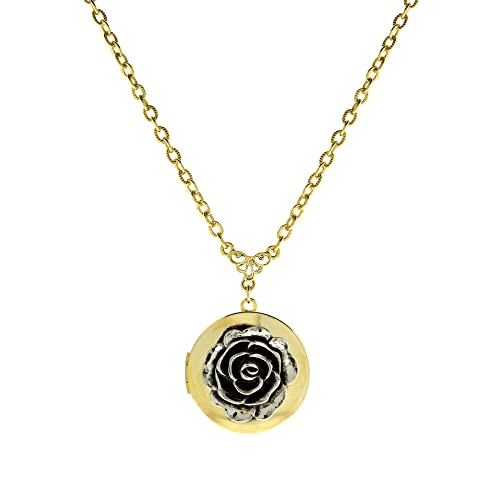 1928 Jewelry Brass and Silver-Tone Rose Locket Necklace, 16"